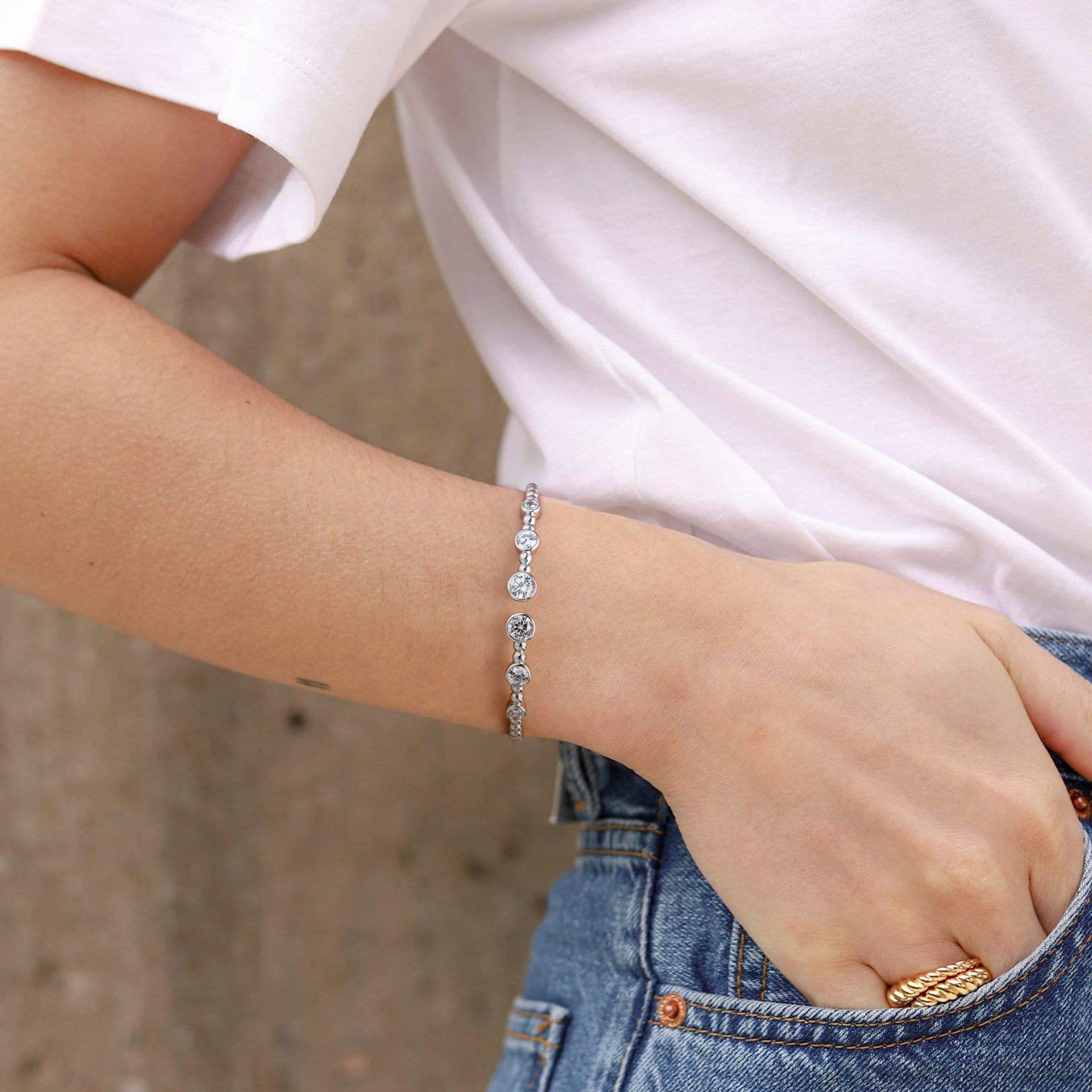 NUZON 18K Gold Plated Open Cuff Oval Bangles for Women AAA Cubic Zirconia Ball Beaded Stackable Bracelets Adjustable Minimalist Jewelry
