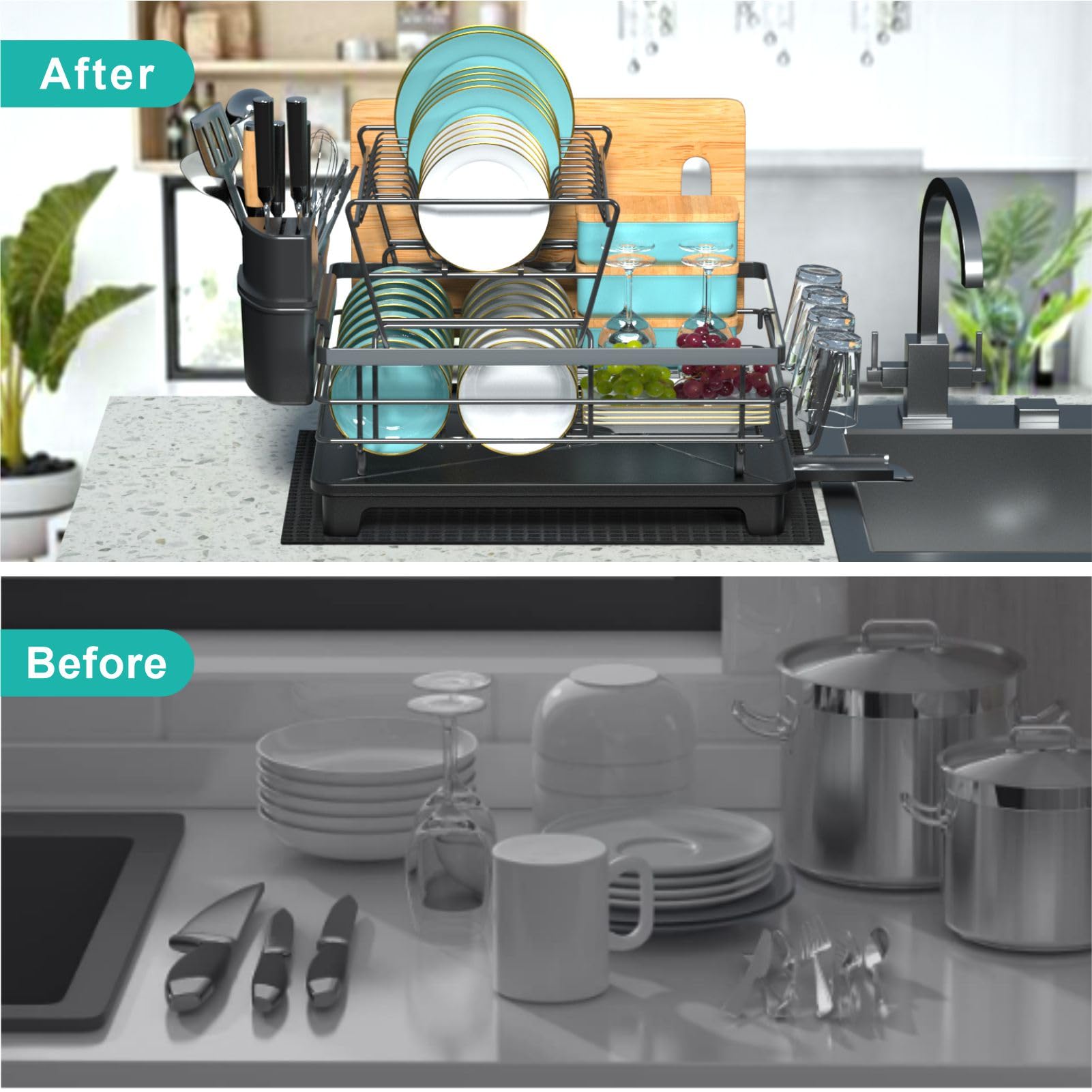 ouosawa Dish Drying Rack with Drainboard, Stainless Steel 2 Tier Large Dish Racks for Kitchen Counter, Detachable Dish Strainer Rack with Cup Holder, Utensil Holder & Cutting-Board Holder, Black