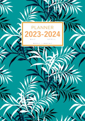Planner 2023-2024: A5 Small Weekly and Monthly Organizer from May 2023 to April 2024 | Dark-Light Tropical Plant Leaf Design Teal