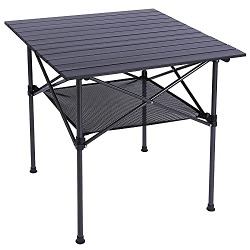 Stonehomy Aluminum Camping Table Roll Top with Mesh Storage, Folding Lightweight Roll Up Table Square for Outdoor Camping Grill, Black, 27.6X27.6 Inch