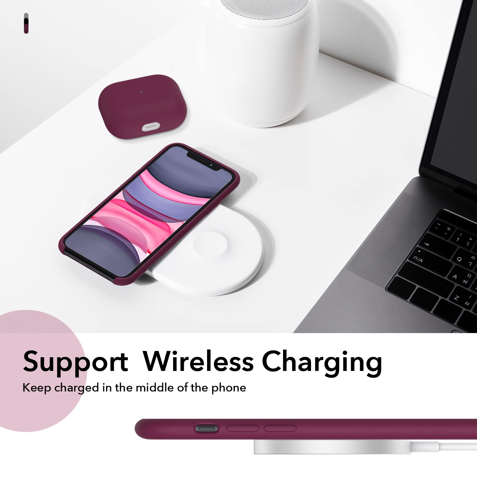 ORNARTO Compatible with iPhone 11 Liquid Silicone Case 6.1 inch, Slim Liquid Silicone Case with Open Bottom Style Soft Gel Rubber Cover - Wine Red