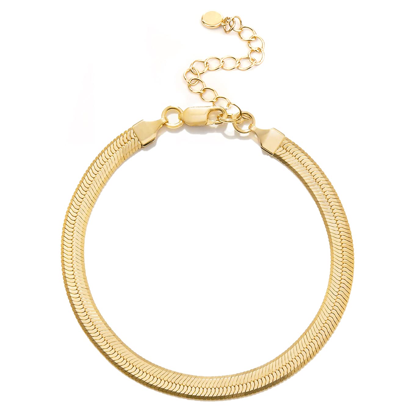 NUZON Gold Snake Chain Bracelet for Women 18K Gold Plated Adjustable 5MM Flat Flexible Herringbone Link Bracelet Charm Minimalist Jewelry