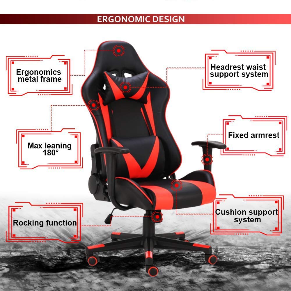 OGEFER Gaming Chair PC Computer Chair Racing Style Ergonomic with Massage Headrest Pillow Lumbar Support Armrest Home Office Swivel Chair Rocking Function 180 Degree Reclining Black Red