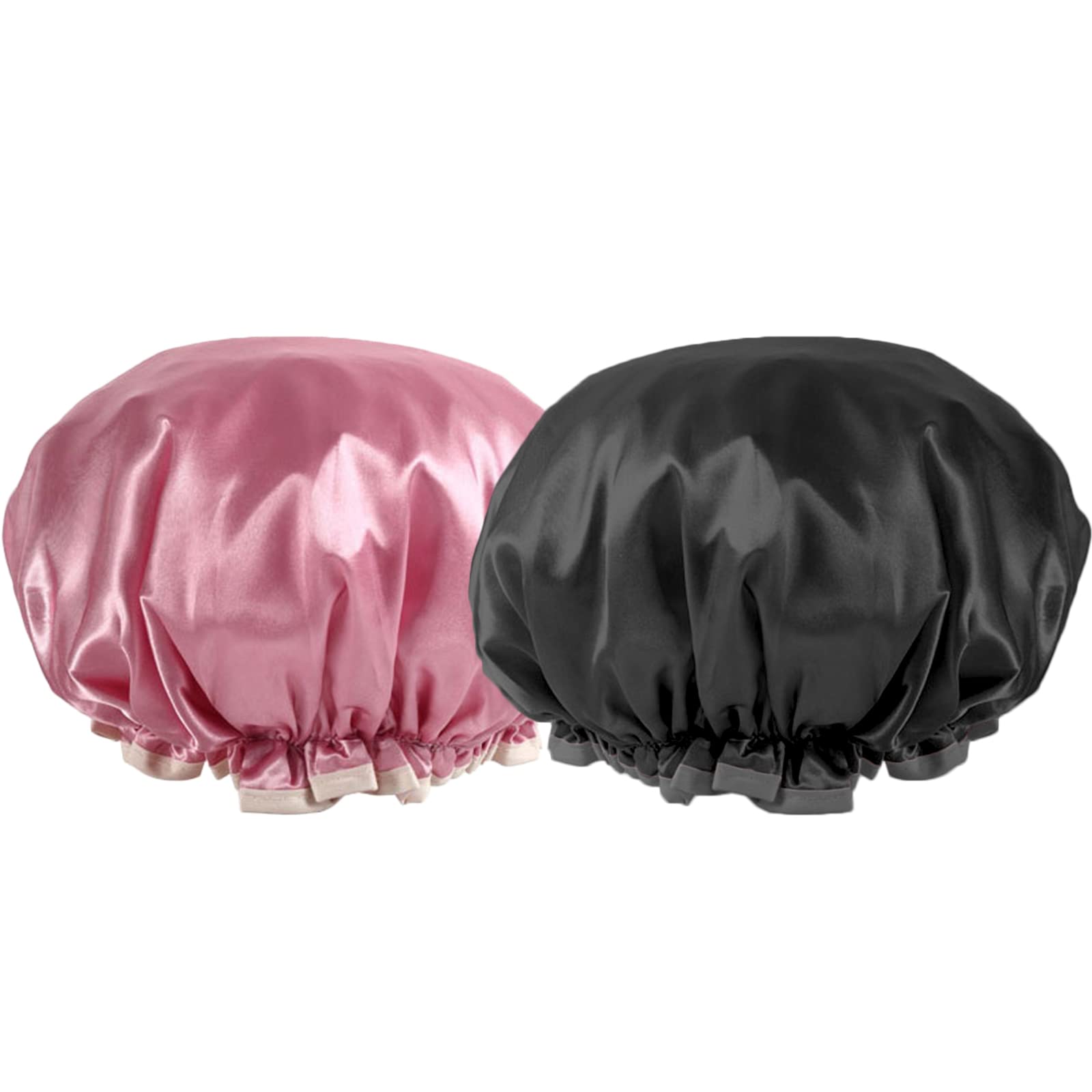 YAWALL Shower Cap 2Pcs, Shower Caps for Women Reusable Waterproof, Silk Double Layer Hair Cap, Pink & Black