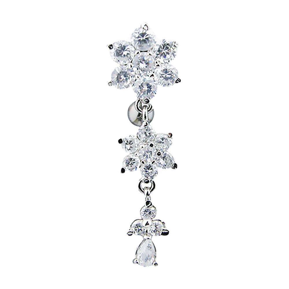 Pierced Owl Round CZ Crystal Flower Top Down Dangling Belly Button Ring in Titanium