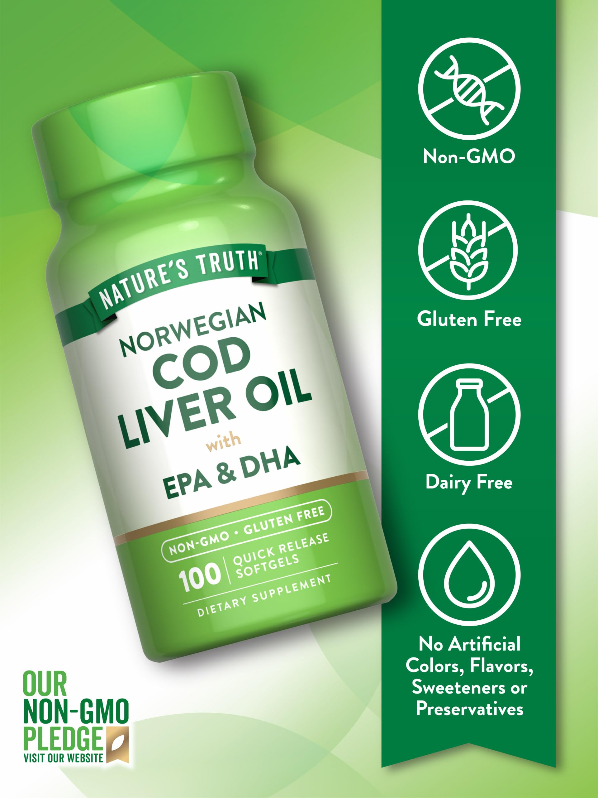 Nature's Truth Norwegian Cod Liver Oil | 100 Softgels | with EPA & DHA | Non-GMO, Gluten Free Supplement