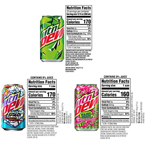 Mountain Dew 3 Flavor Major Melon Variety Pack (Major Melon, Spark (Rasp Lemonade), and Original Dew), 12 Fl Oz (Pack of 18)