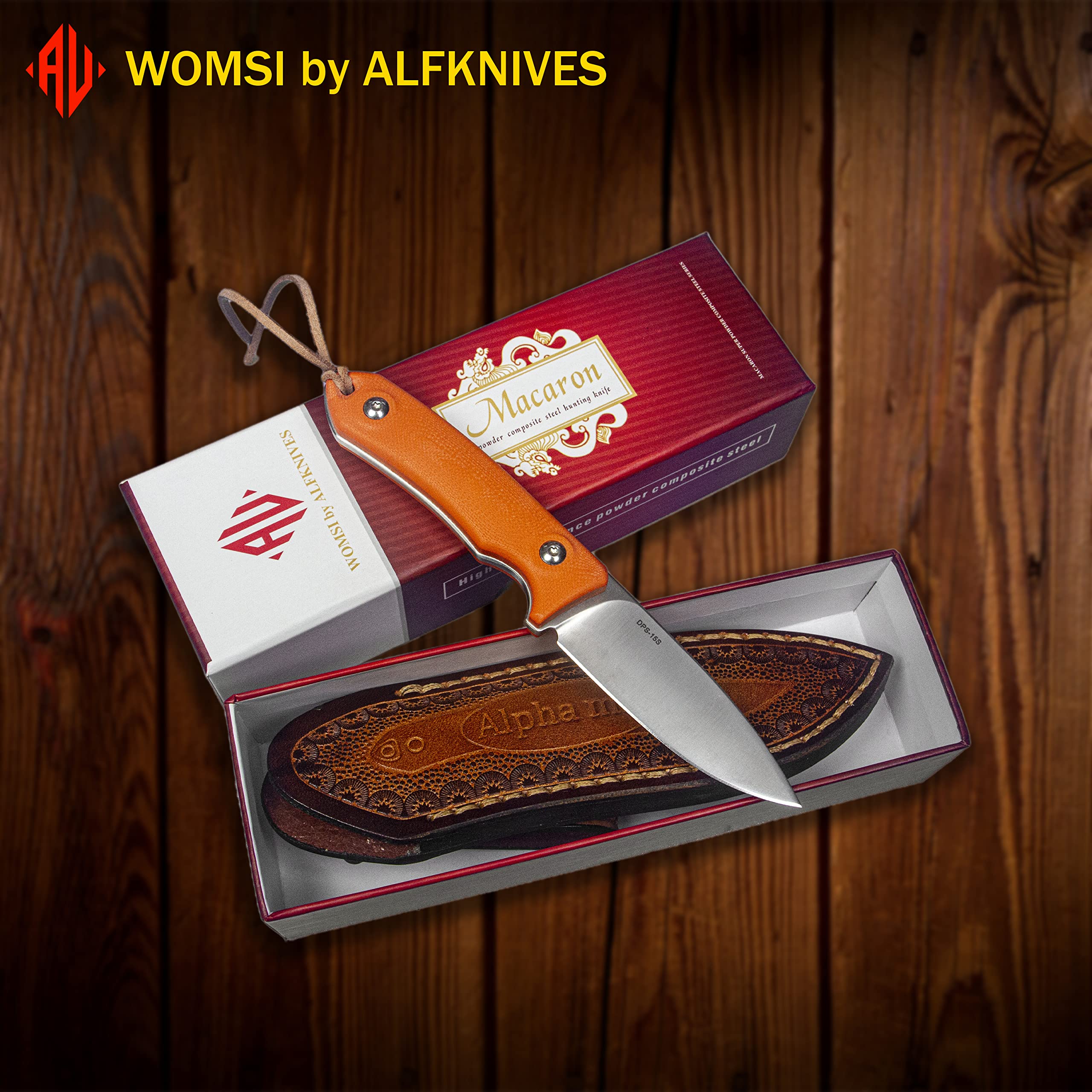 WOMSI Hunting Knife,Full Tang 6.57",DPS15-S Power Steel Blade,Sonorous&durable G10 Handle with Leather Sheath(Orange)
