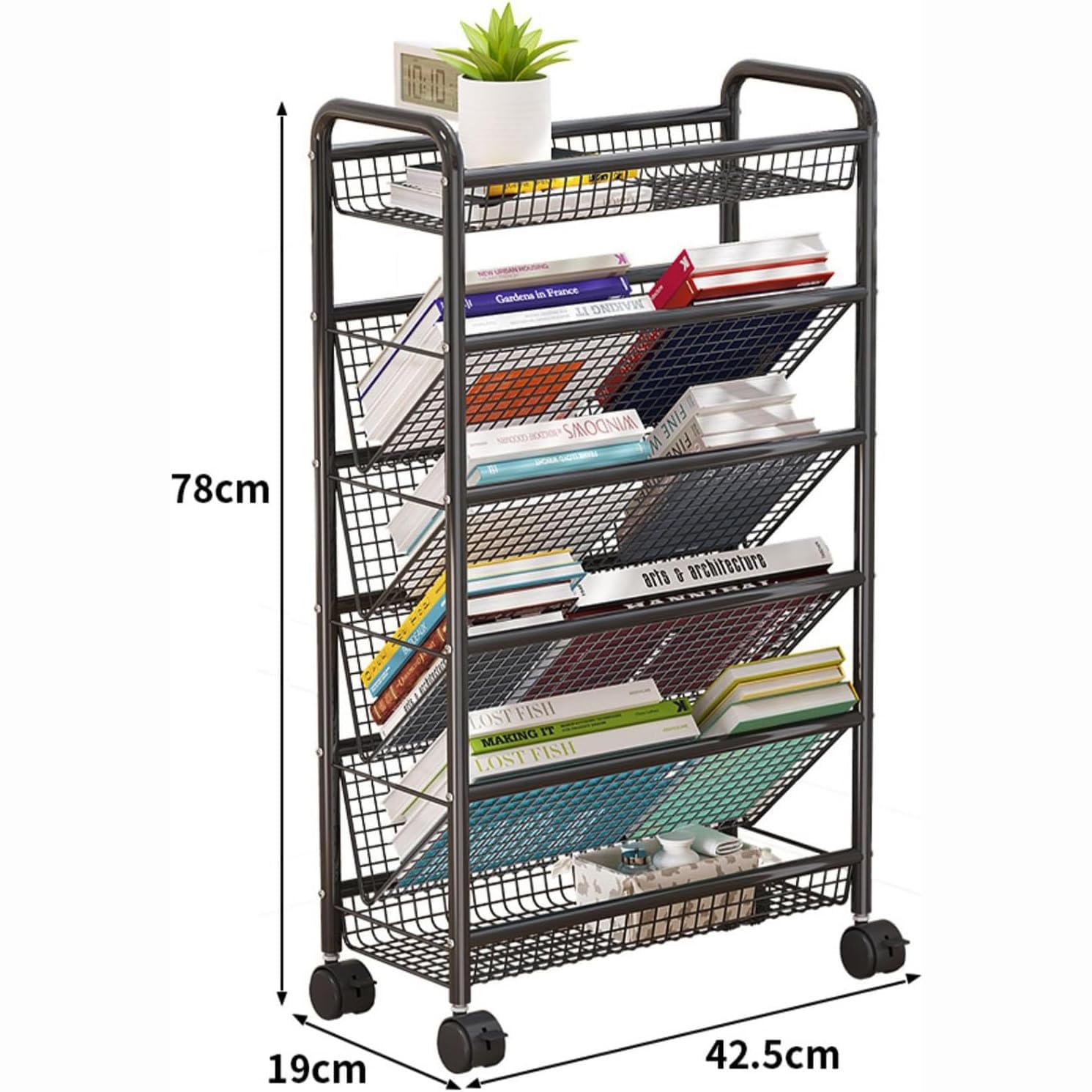 MOUNW Compact Rolling Book Cart, 6 Tiers Movable Bookshelf Cart Storage Rack, with 360° Universal Wheel, for Office, Kitchen, Bathroom