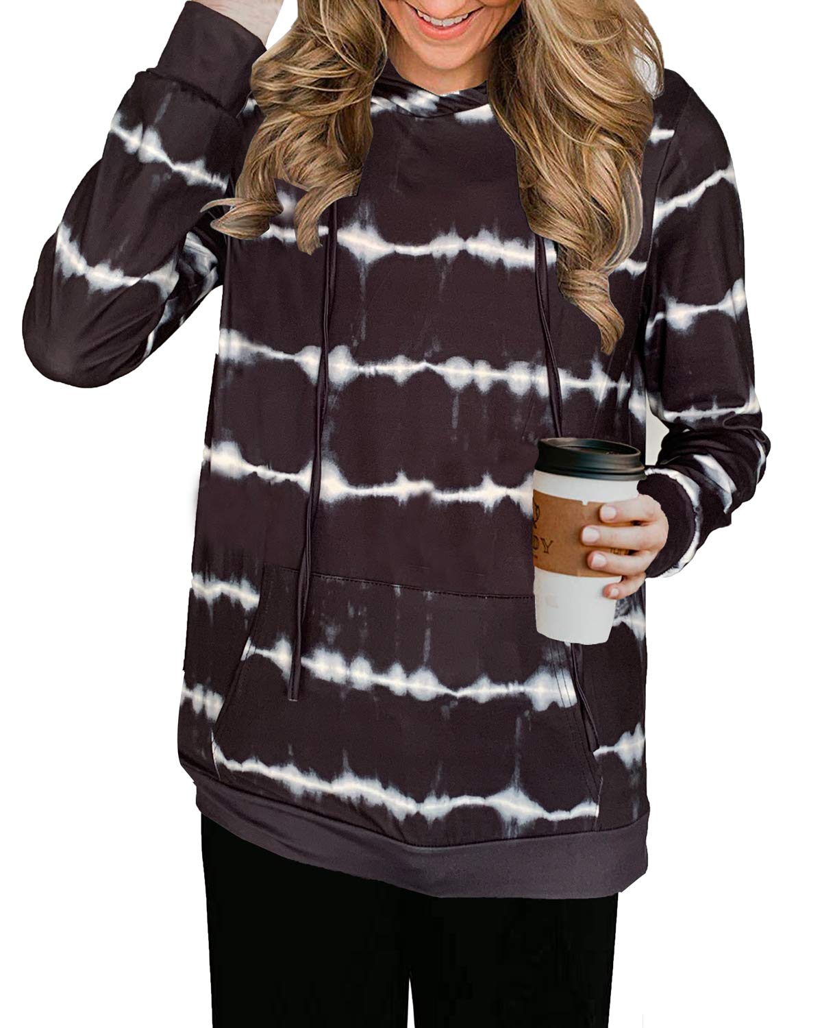 NEWCOSPLAY Women's Hoodies Tops Tie Dye Sweatshirt Long Sleeve Drawstring Pullover with Pocket (Medium, Stripe-black)