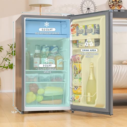 Manastin 3.2 Cu. Ft Mini Fridge with Freezer for Bedroom, Dorm, Office, Compact Refrigerator with Adjustable Thermostat, Removable Glass Shelves and Reversible Door (Silver)