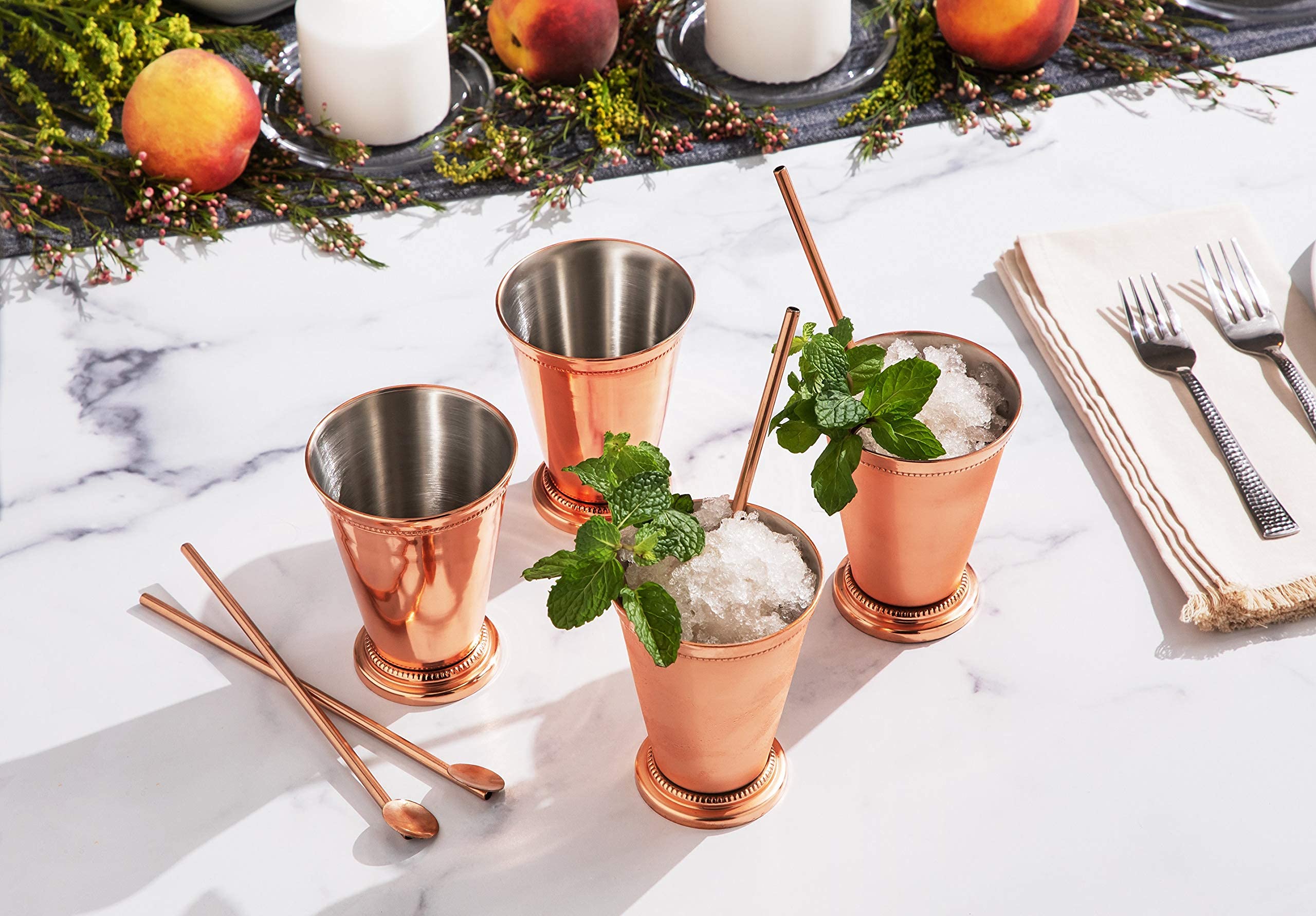 Sol Living Mint Julep Cups Gift Set of 4, 12 oz. Stainless Steel Silver Cups with 4 Drinking Straws Kentucky Derby Cups Premium Handcrafted Barware Set for Cocktails Mixed Drinks