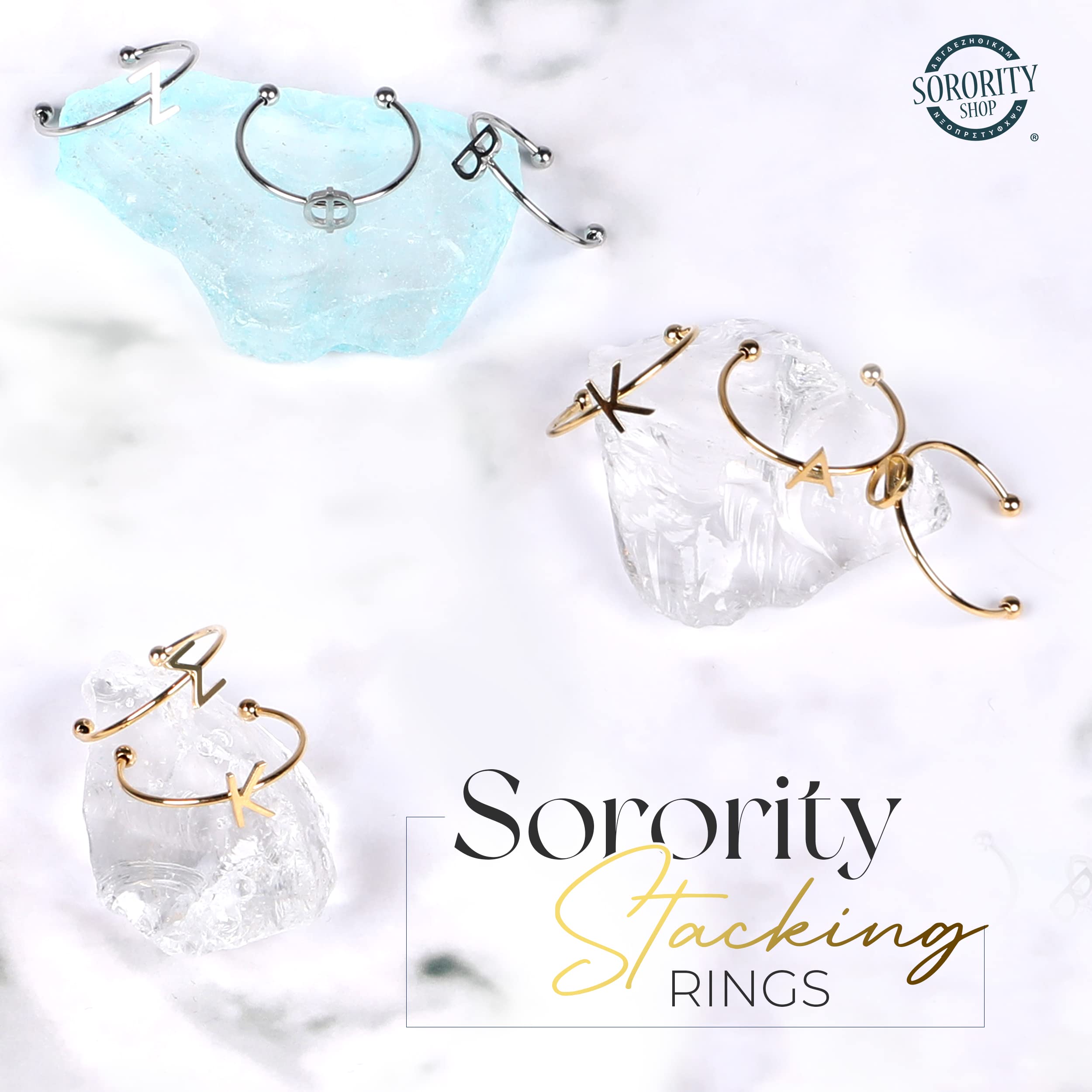 Sorority Shop Alpha Phi Stacking Ring Set - Adjustable Rings with 18k Gold Plating
