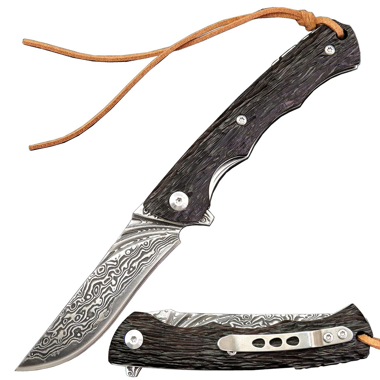 Sitivien ST218 Damascus Steel Folding Knife, VG10 Core Blade and Ebony Wood Handle Knife,EDC Tool Knife for Outdoor Camping Hiking Survival