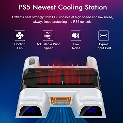 PS5 Cooling Station with Controller Charger, PS5 Horizontal Stand for Standard and Digital Playstation 5 Console, PS5 Accessories Cooler Stand with Headset Holder, Game Slot, AC Adapter