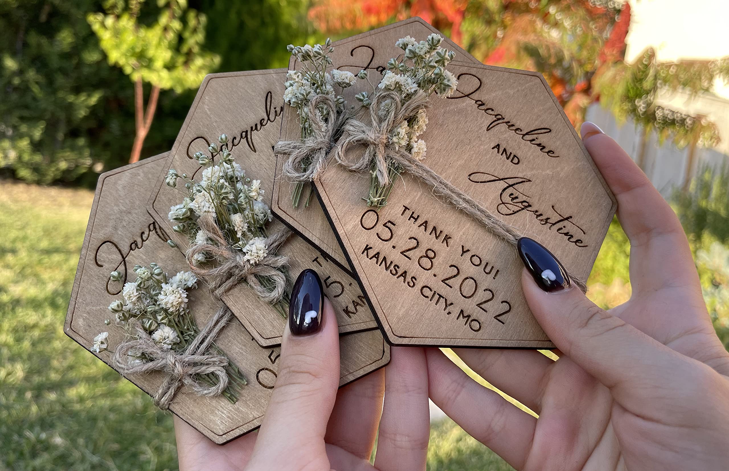 vitawed Hexagon Floral Wedding Favors, Personalized Wedding Favor, Wooden Magnet with Envelopes and Stickers, Pack of 8 to 300