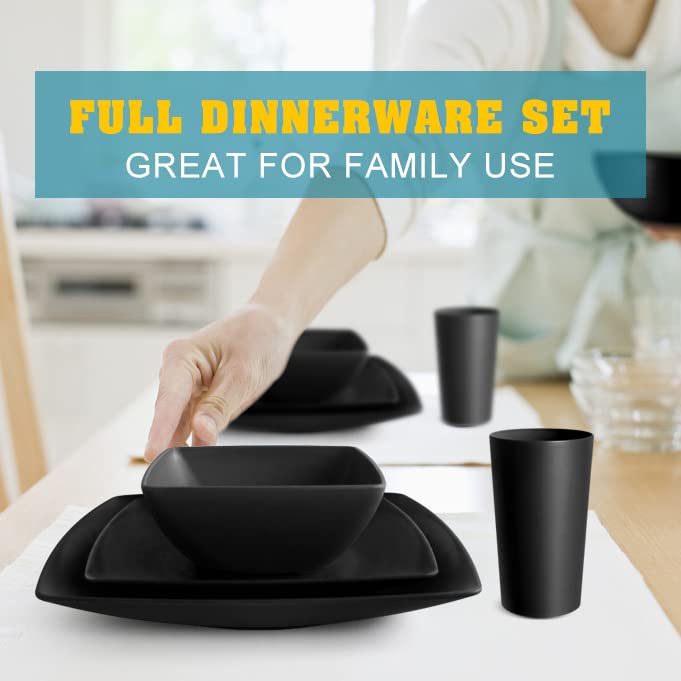 Teivio 32-Piece with flatware Kitchen Plastic Wheat Straw Square Dinnerware Set, Service for 8, Dinner Plates, Dessert Plate, Cereal Bowls, Cups, Unbreakable Plastic Outdoor Camping Dishes, Black