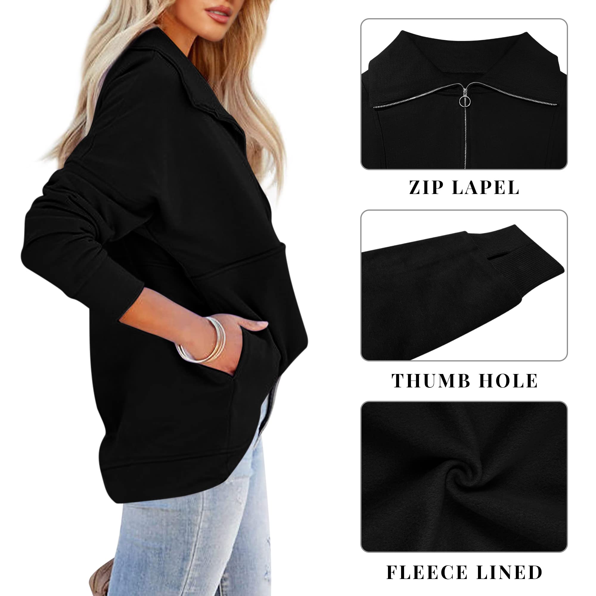 Women's Casual Long Sleeve Lapel Zipper Sweatshirt Oversized Ribbed Thumb Hole Pullover Henley Tops with Pockets Black