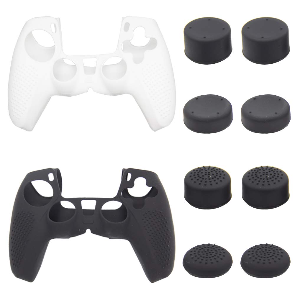PS5 DualSense Controller Skin, Studded Anti-Slip PS5 DualSense Controller Cover Silicone Grip for PS5 Controller(Black&White Controller Skin x 2 + FPS PRO Thumb Grips x 8)