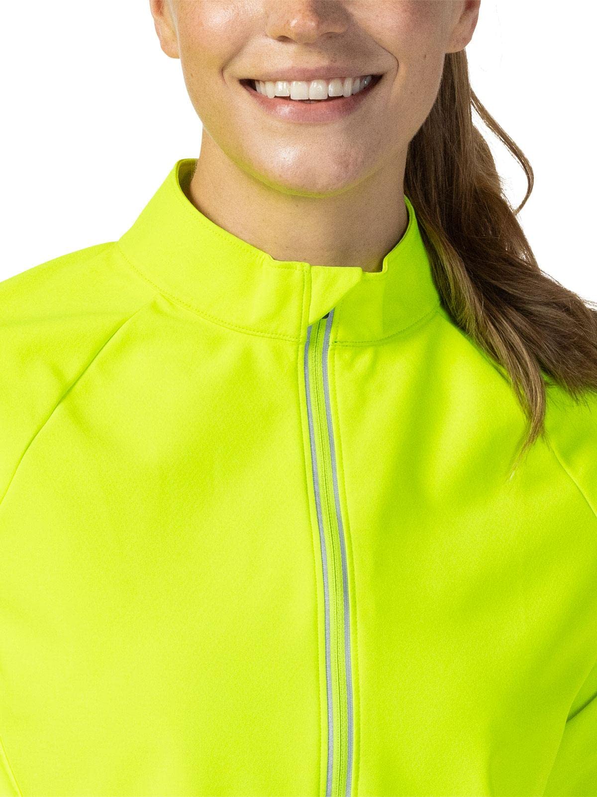 Terry Hybrid Bike Jacket, Women's Full Zip Wind/Water Resistant Hi-Vis Reflective Cool Weather Cycling Top - Neon Lime, Small