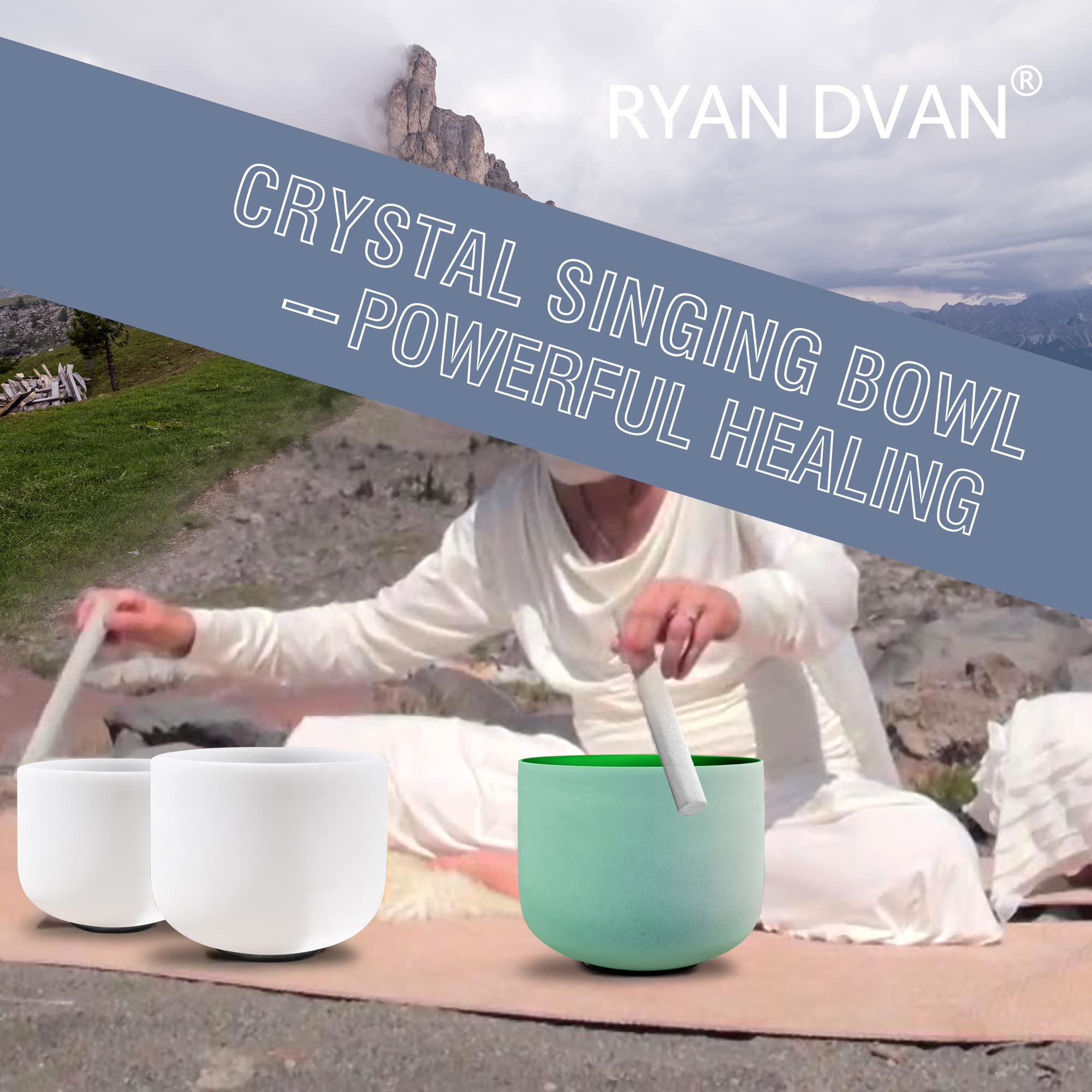 RYAN DVAN 10” F Note Green Frosted Heart Chakra Crystal Singing Bowl with Free Heavy-Duty Carrying Case and Suede Striker O-Ring