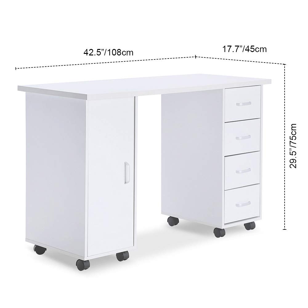 Paddie Nail Table, Manicure Table Nail Desk Station Professional Portable with Wheels for Technician Beauty Salon Art Spa Office, Double Side, White