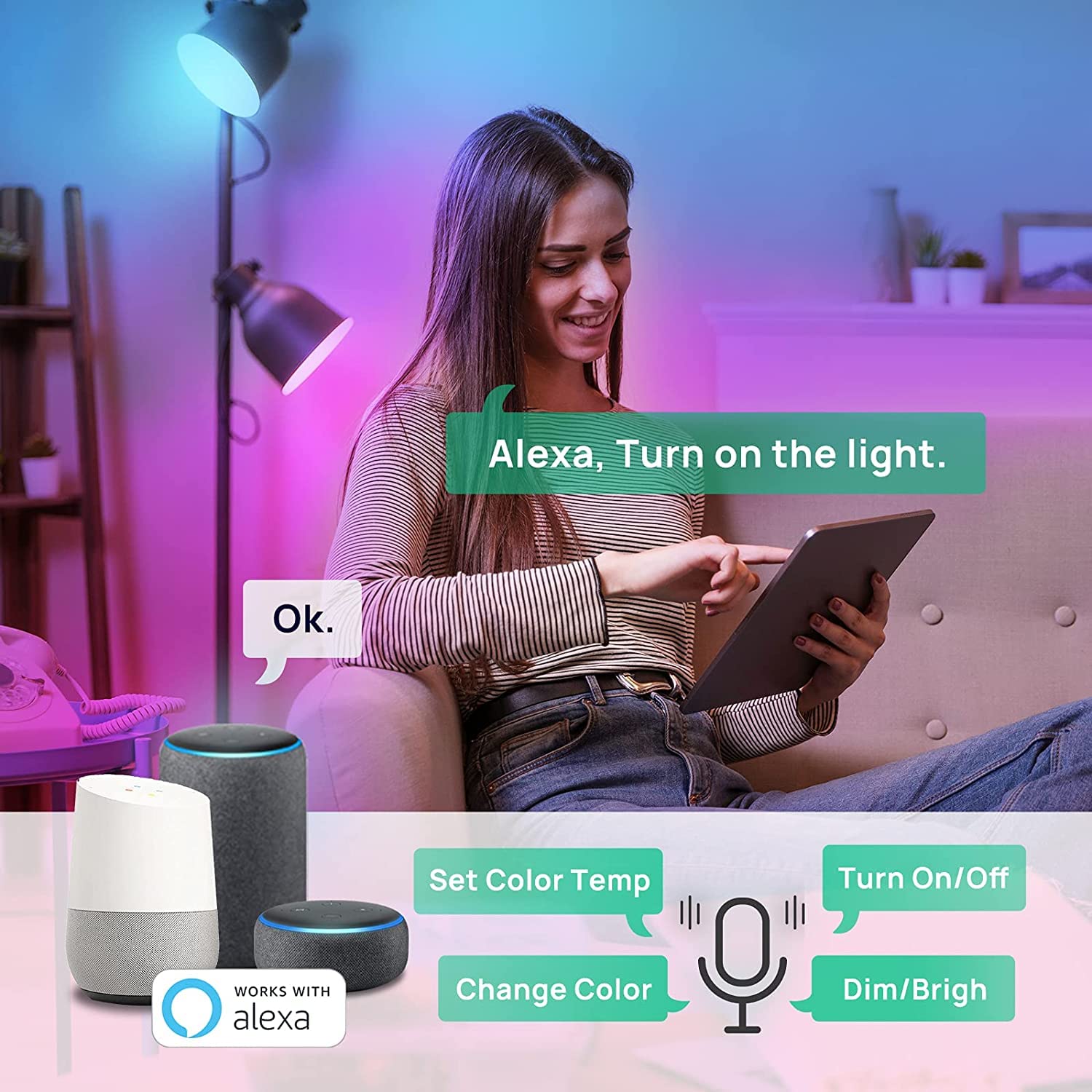 Smart Bulb, Color Changing Light Bulb, Smart WiFi Light Bulbs That Work with Alexa & Google Assistant, A19 RGBW Alexa Dimmable LED Light Bulb No Hub Required, 2.4Ghz WiFi, 4 Pack