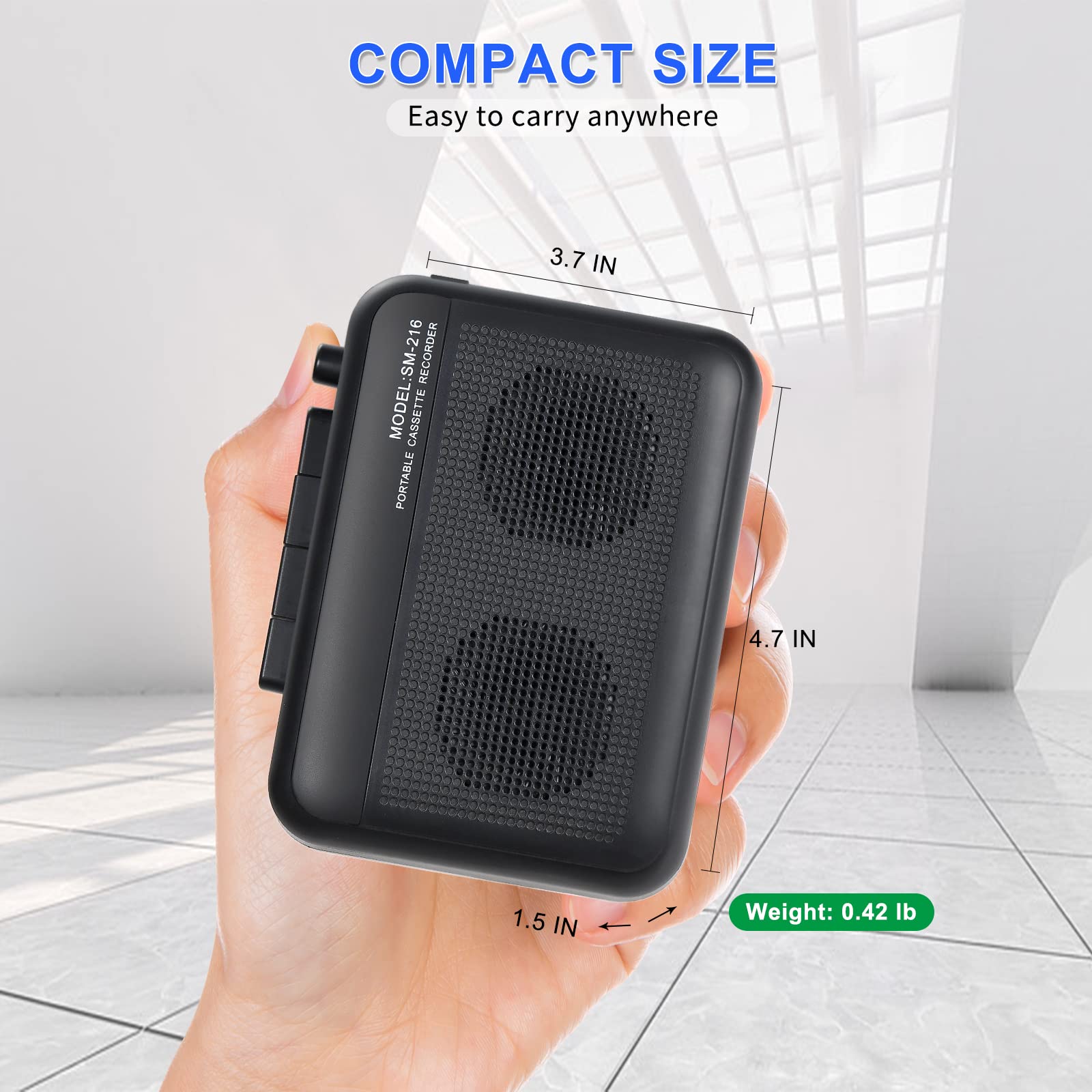 Portable Cassette Player Recorder with Bluetooth Transmitter, Walkman Cassette Tape Player with Headphone Jack, Build-in Speaker, Microphone Jack, Powered by AC Adapter or AA Battery- Black