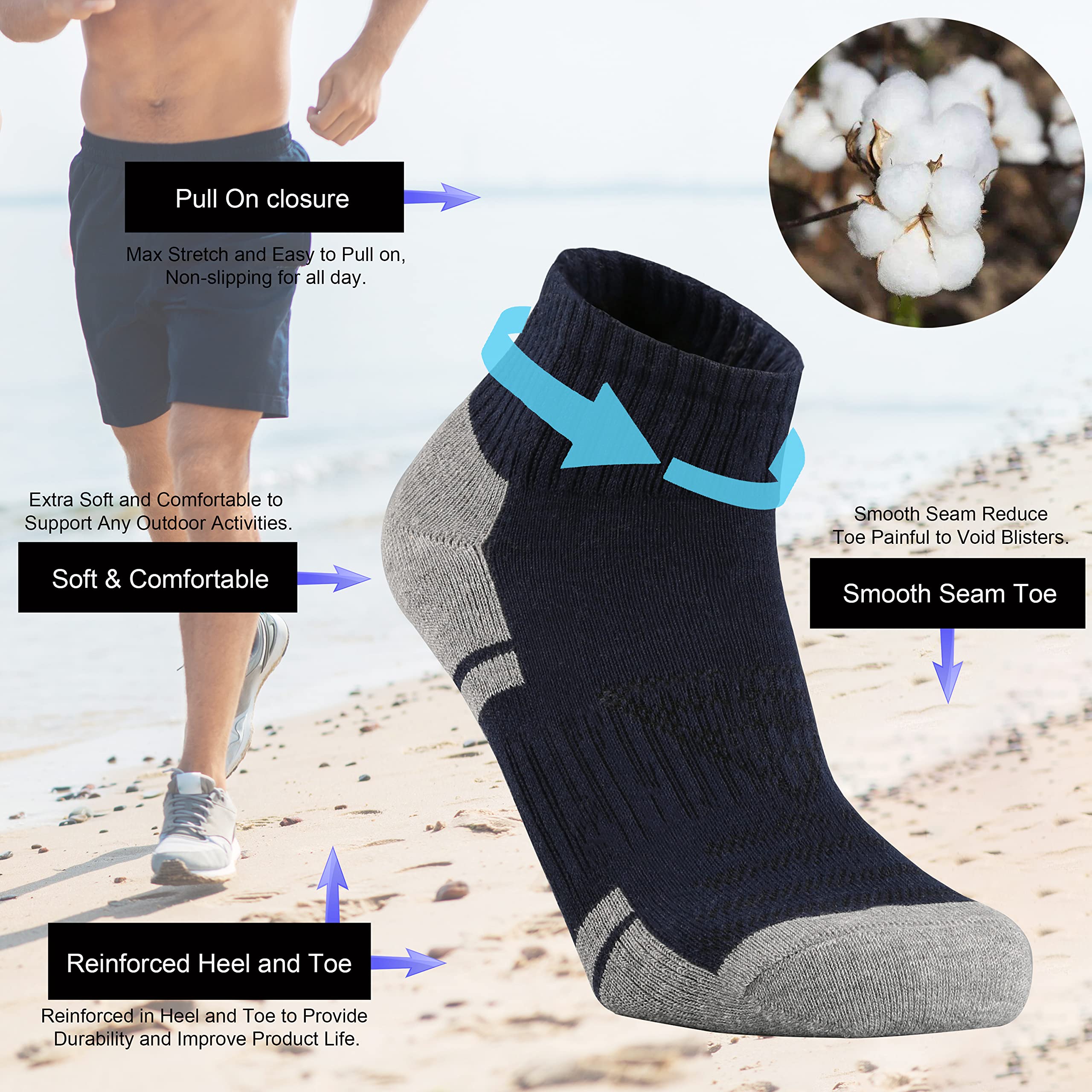 Ortis Cotton Moisture Wicking Mesh Ventilating Running Cushion Low Cut Socks for Men 10 Pack(Nave Blue XL)