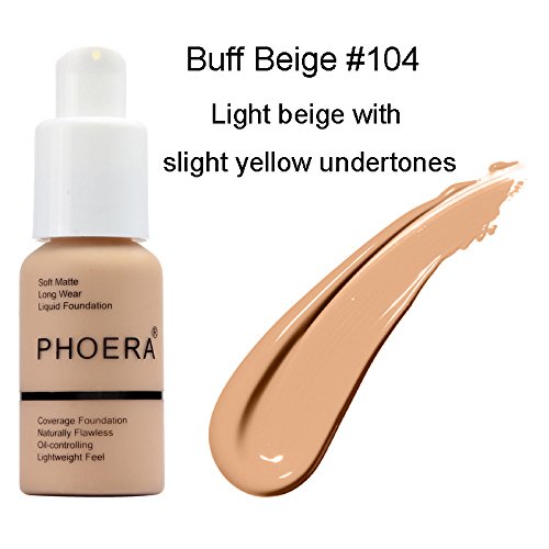 PHOERA 30ml Foundation Liquid Full Coverage 24HR Matte Oil Control Concealer (Nude & Buff Beige) with 6ml Makeup Face Primer & Kabuki Foundation Brush Flat Top