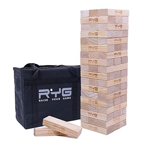 Raise Your Game Giant Wooden Tower (Stacks to a Maximum of 5 feet), Large Tumbling Block Timbers, Wood Stacking Game Jumbo Backyard Set with Carrying Case