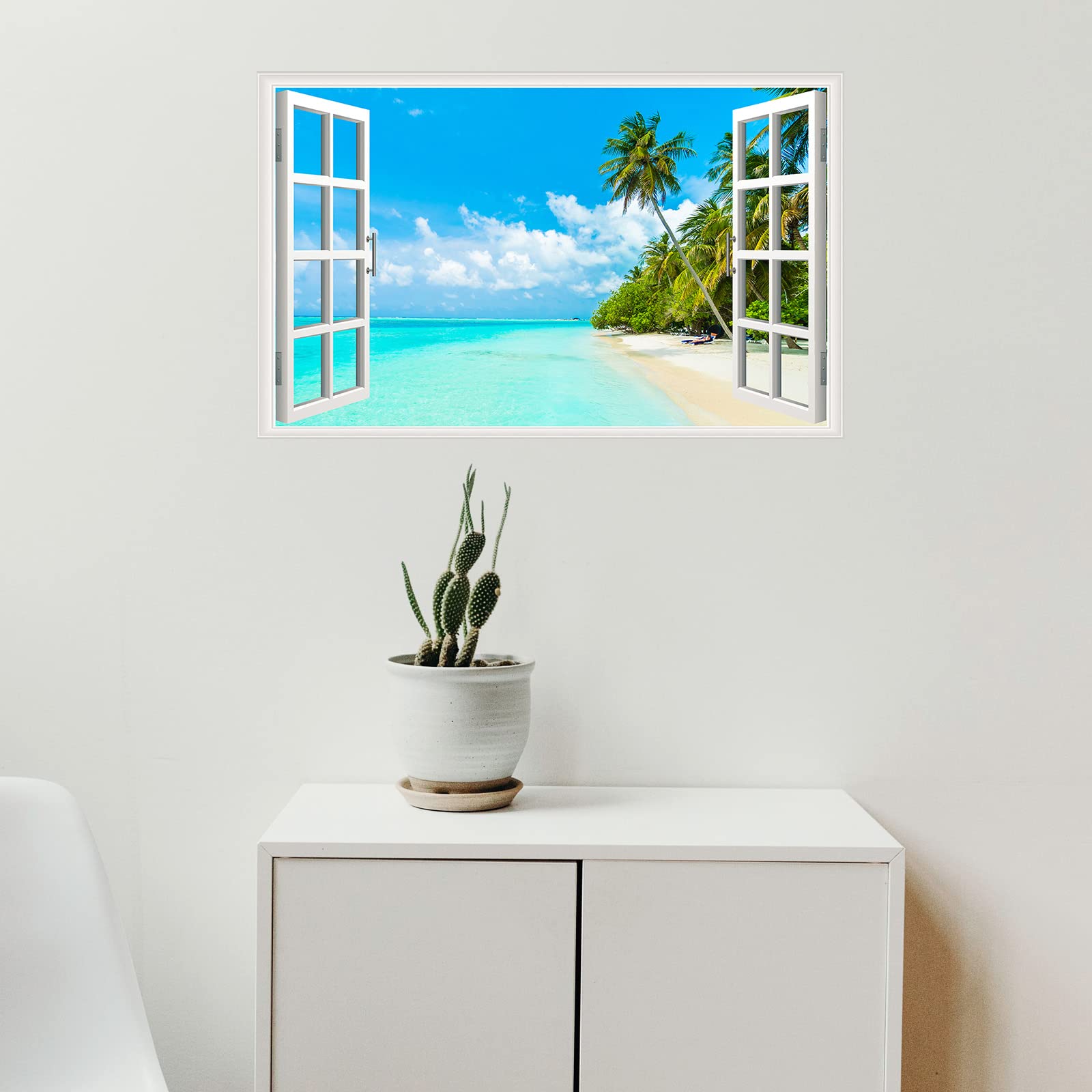 Rajahubri 3D Beach Fake Window Wall Stickers Blue Sky Window View Wall Decals Seascape Wall Sticker Removable Ocean Beach Wall Decals for Bedroom Kids Room
