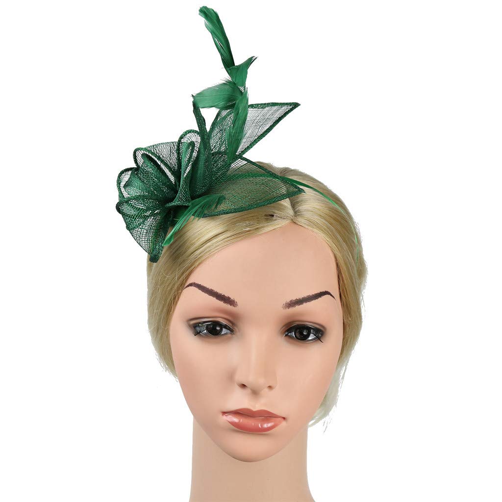 Women's Elegant Hat Strap Flower Feather Party Hat Hair Clip Headband Accessory Bride Sweatband (Green, One Size), 1 Count