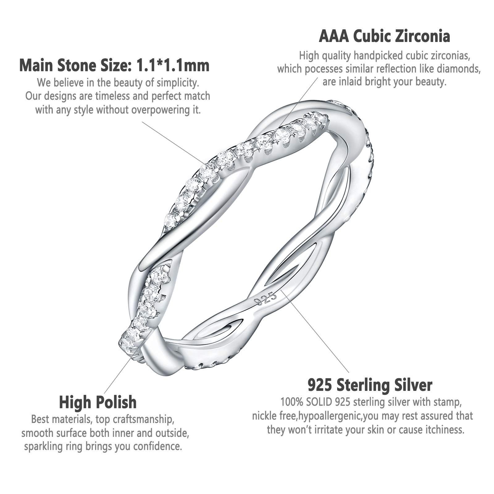 Newshe Jewellery Wedding Band Eternity Ring for Women AAAAA Cubic Zirconia Twisted 925 Sterling Silver Size 9