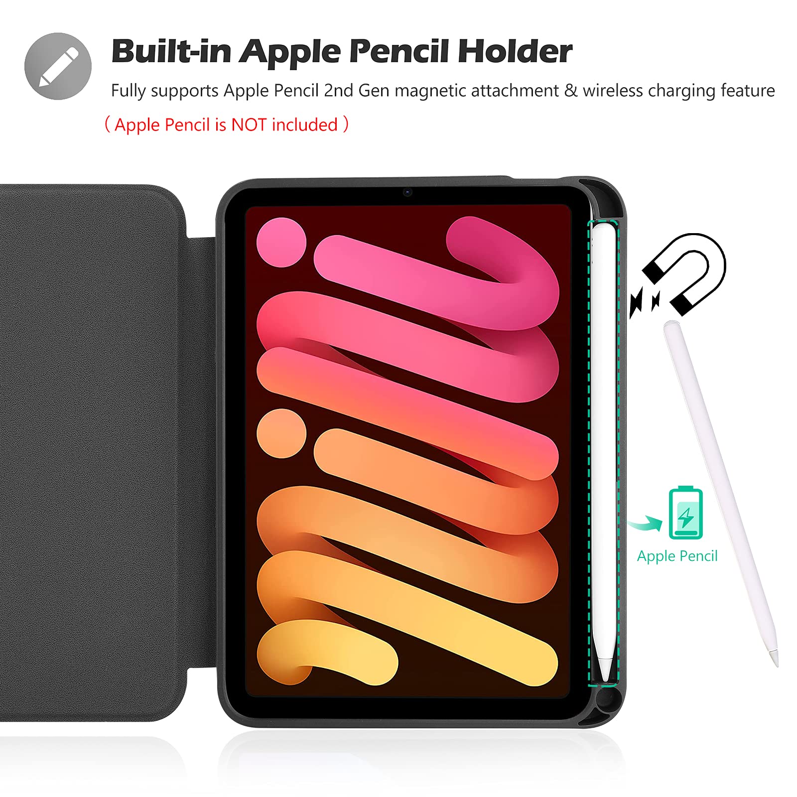 ProCase Cover for iPad Mini 6 Case 2021 Mini 6th Generation Case with Pencil Holder, Slim Smart Folio Stand Cover Shockproof Protective Cases for iPad Mini 6th Gen 8.3 Inch 2021-Black