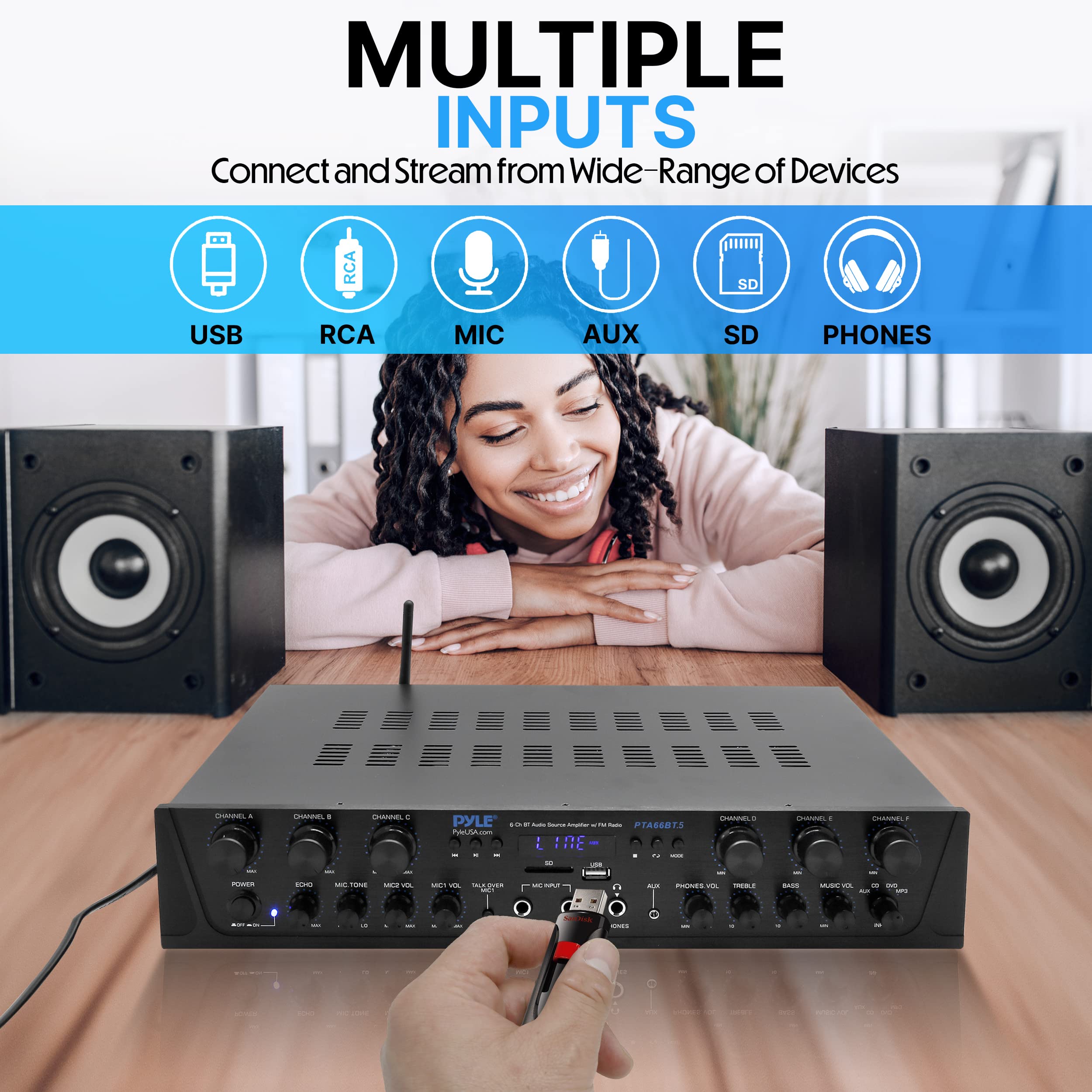 Pyle Wireless Home Audio Amplifier System-Bluetooth Compatible Sound Stereo Receiver Amp - 6 Channel 600Watt Power, Digital LCD, Headphone Jack, 1/4'' Microphone in USB SD AUX RCA FM Radio-PTA66BT.5