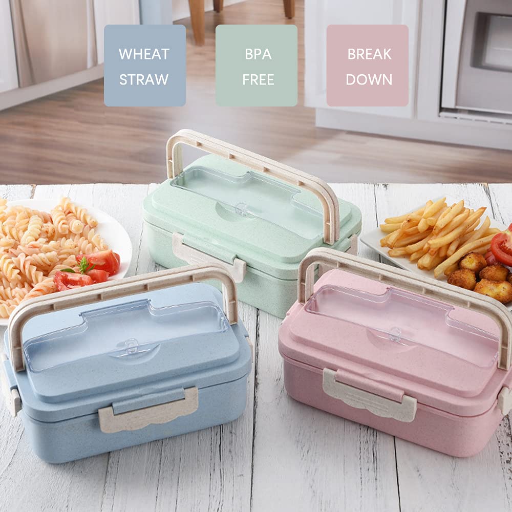 SITAKE Reusable Lunch Box, 33.8 oz Large Capacity Bento Box, Portable Salad Bowl With Utensils, Lunch Bag, Microwave Leakproof Lunch Containers for Adults (Blue)