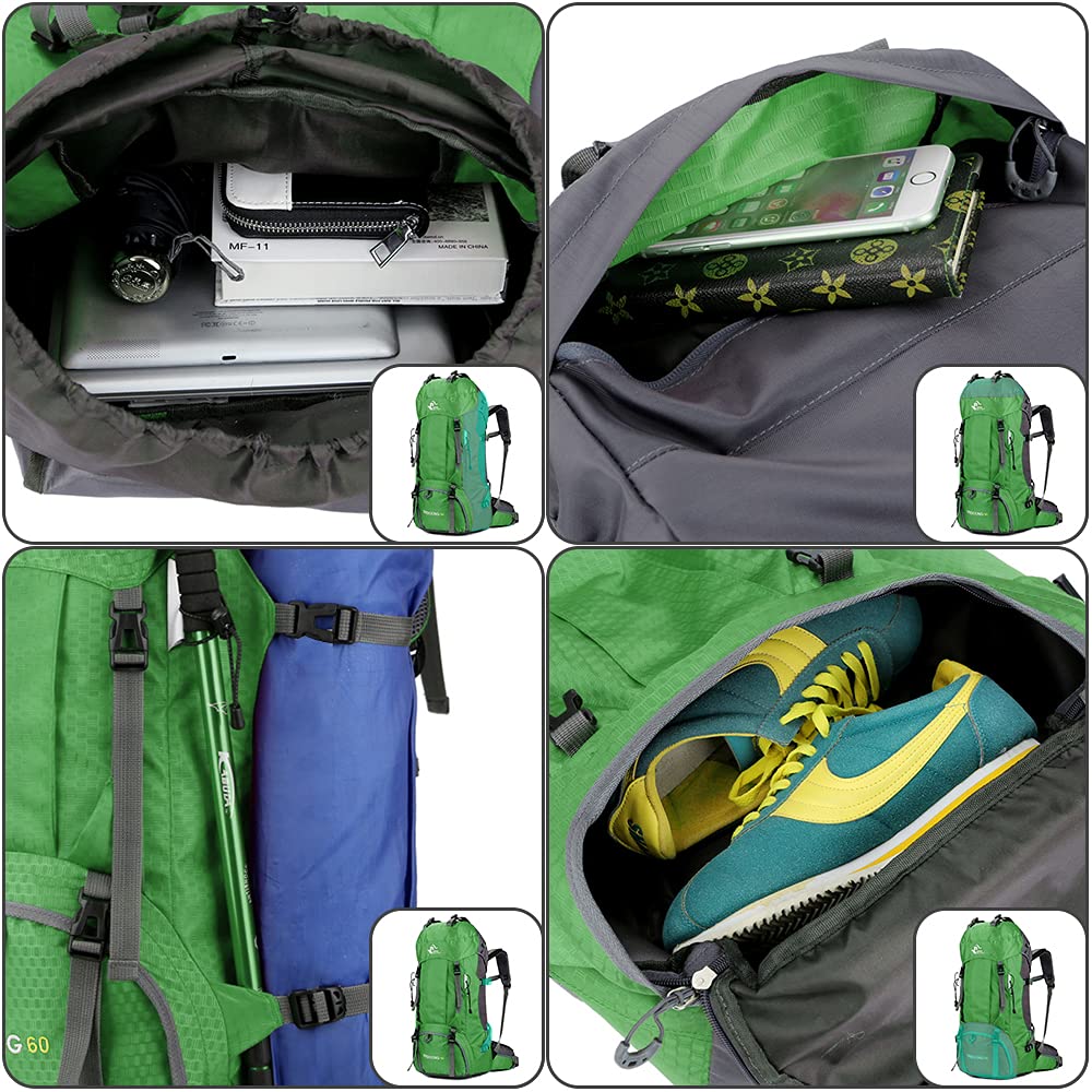 Russel Molly Hiking Backpack With Rain Cover, 60L Camping Daypack for Travel (Green)