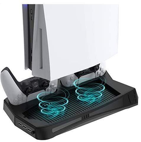 PS5 Vertical Stand Cooling Fan, Dual Controllers Charging Station, 14 Slots Game Storage and 3 Port USB Hub. The All-in-One Stand for Your PS5