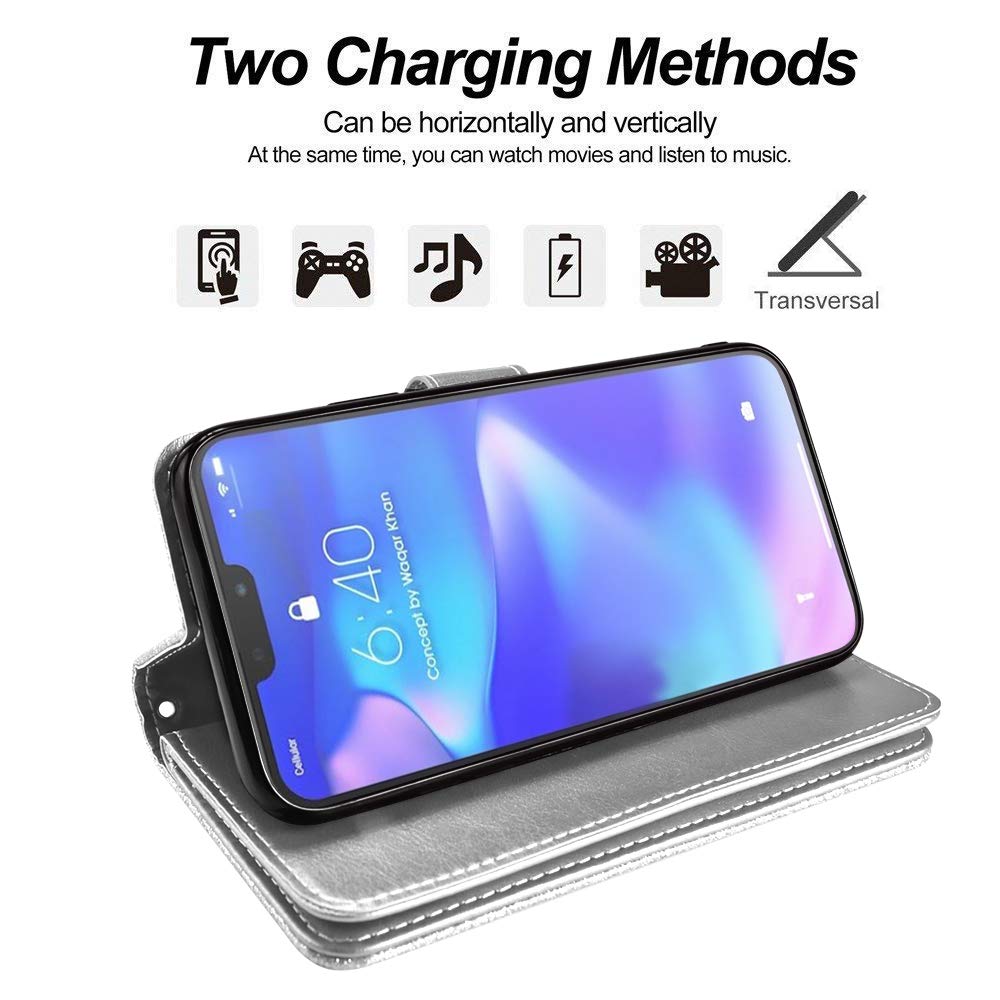 Newseego Compatible iPhone 11 Pro Max Leather Case 6.5 Inch,Glitter Faux PU Leather Magnetic Closure Multi-Credit Card Slot Cash Holder Detachable 2 in 1 Wallet Cover with Wrist Strap-Silver