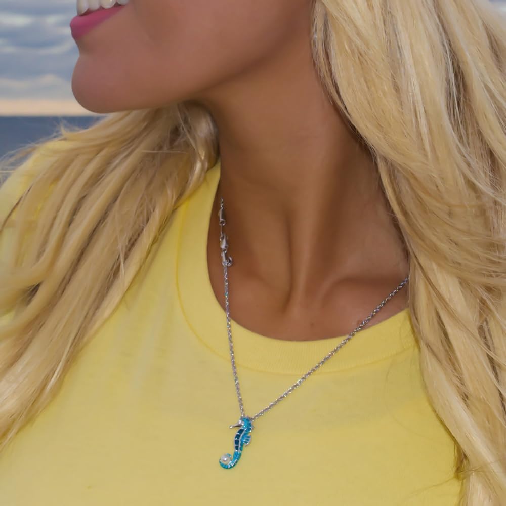 NAUTORA Blue Seahorse Necklace -Enameled Sterling Silver with 18" Double Link Chain