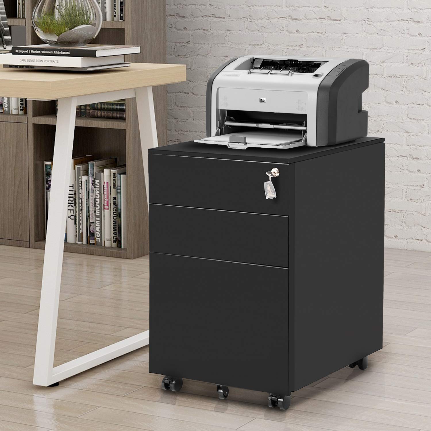 ModernLuxe 3 Drawer Metal Mobile File Cabinet with Lock Metal Filing Cabinet for Legal/Letter/A4/F4 Size Fully Assembled Home Office File Cabinet(Except Casters)
