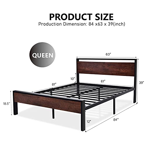 SHA CERLIN 14 Inch Queen Size Metal Platform Bed Frame with Wooden Headboard and Footboard, Mattress Foundation, No Box Spring Needed, Large Under Bed Storage, Light Mahogany