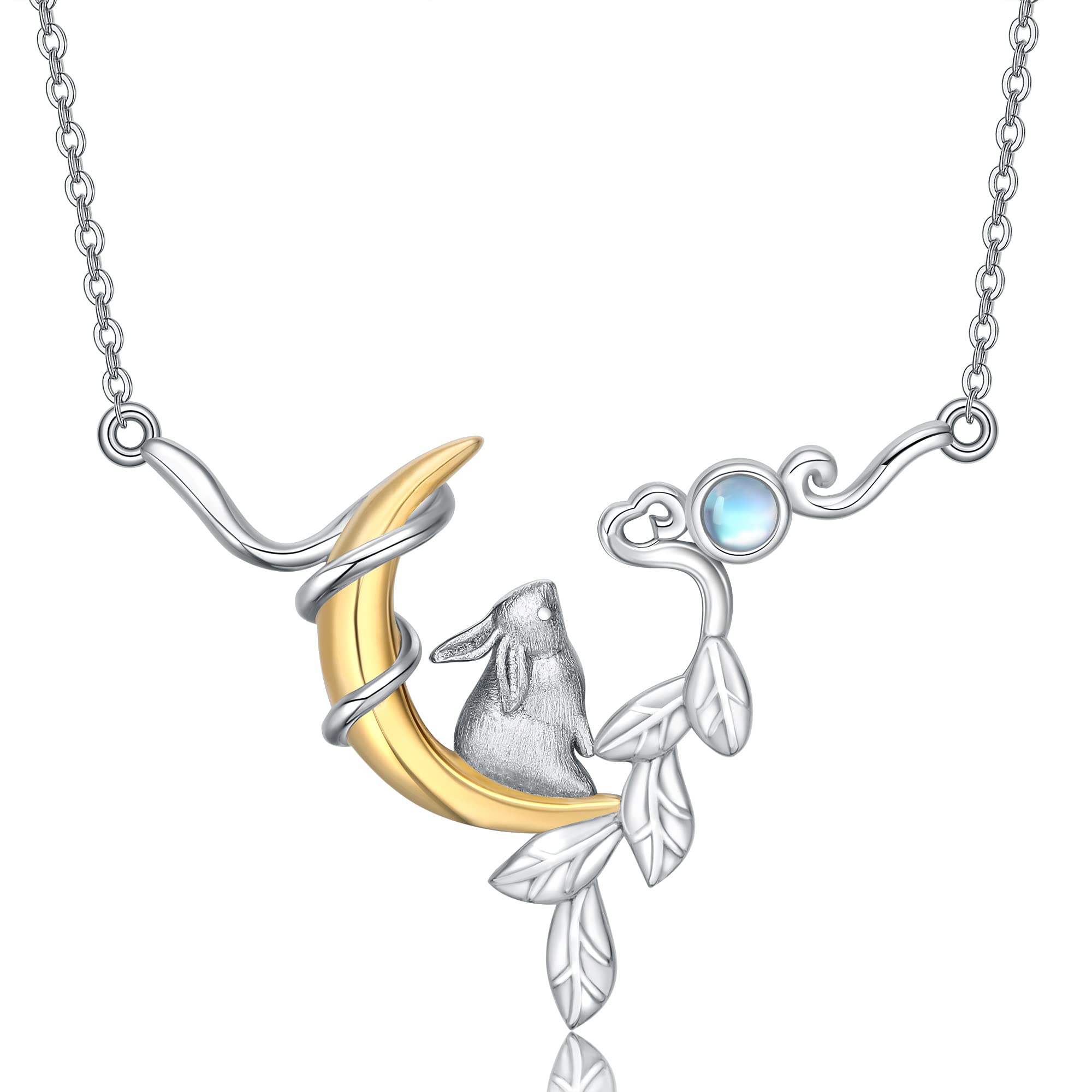 YAFEINI Bunny Necklace Sterling Silver Moon Rabbit Pendant Bunny Jewelry Gifts for Mum Women