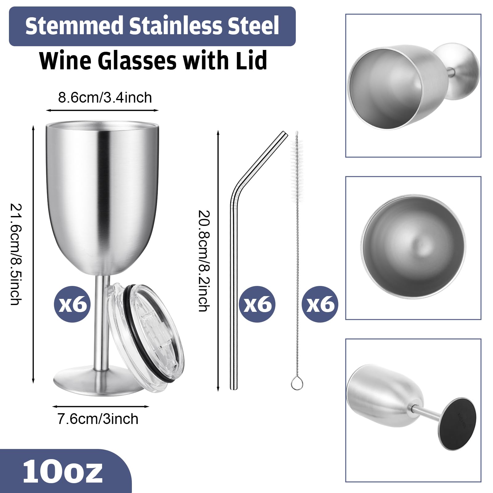 Photect 6 Pack Stemmed Stainless Steel Wine Glasses with Lid 10 oz Double Wall Insulated Wine Tumbler Unbreakable Goblets with Drinking Straw and Straw Brush for Wedding Valentine's Day Party