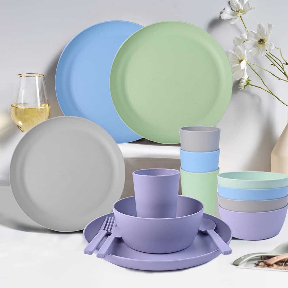Wheat Straw Dinnerware Sets - 24 pcs Lightweight Bowls Unbreakable Dish Set Dishwasher Microwave Safe Wheat Straw Cups Cutlery Plates and Bowls Set for 4 Suitable for Camping Party Grill(Four Colors)