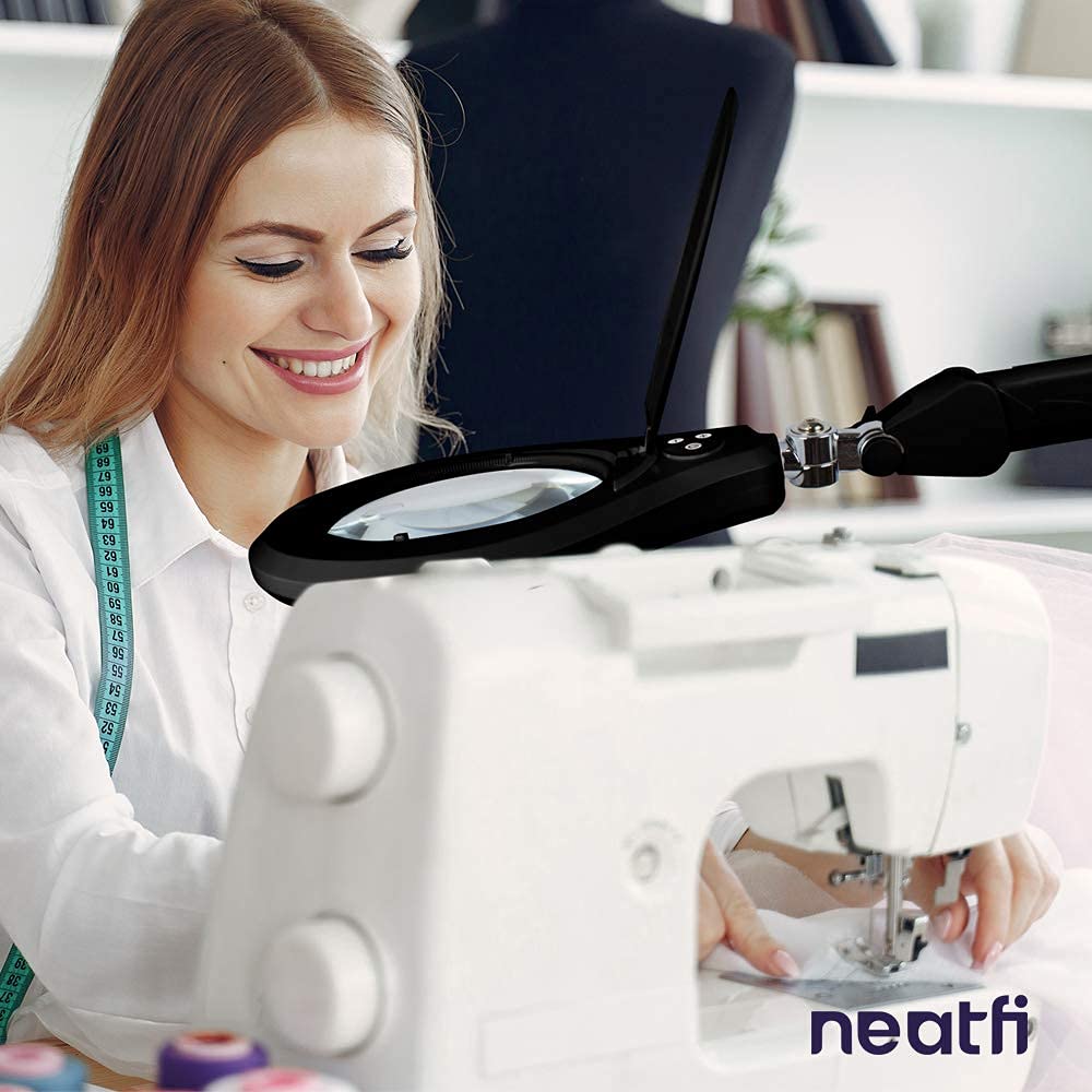 Neatfi Elite XL HD Bifocals Super LED Magnifying Lamp with Clamp, Glass Lens, 6500K, Glare-Free, Nonpolar Dimming (6 Inch Lens, Black)