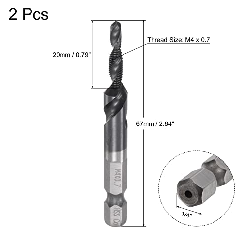 uxcell Combination Drill and Tap Bit, 1/4" Hex Shank M4 x 0.7 Metric TiAlN Coated M35 Cobalt High Speed Steel Spiral Flute Drilling Tapping Tool 2pcs