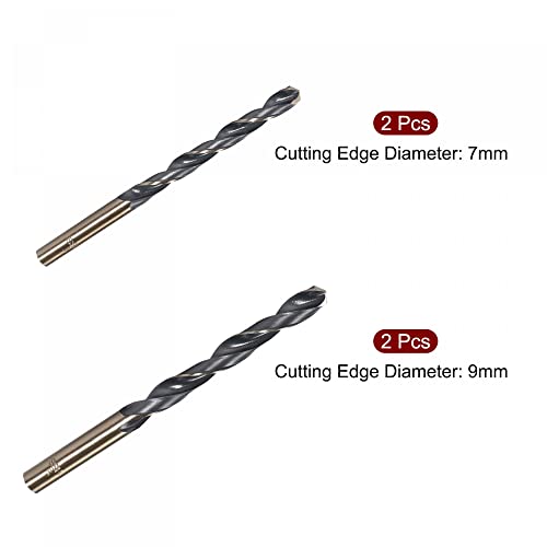 uxcell Drill Bits Set 7mm 9mm, Titanium Nitride Coated High Speed Steel 4341 Straight Round Shank Drilling Cutter for Stainless Steel Alloy Copper, 4pcs