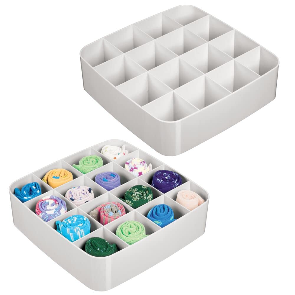 mDesign Plastic Closet Accessory Drawer Organizer for Dresser, Closet, Bedroom, Bathroom, Entryway, Office - Store Belts, Ties, Socks, Watches - 16 Sections - 2 Pack - Light Gray